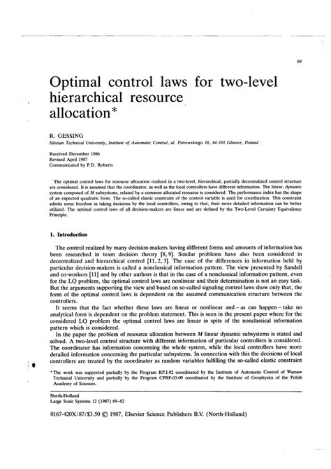 Pdf Optimal Control Laws For Two Level Hierarchical Resource Allocation