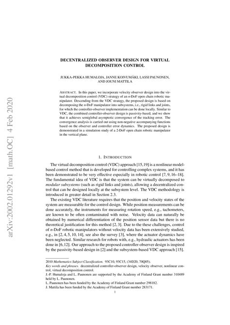 Decentralized Observer Design For Virtual Decomposition Control Deepai
