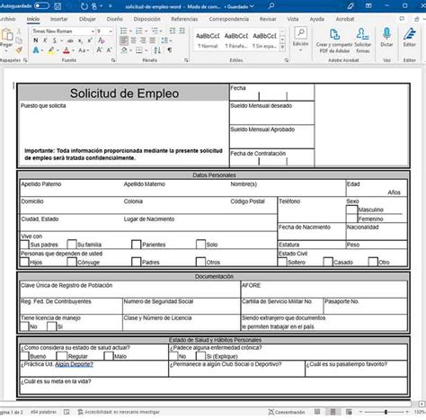 Modelo De Solicitud De Empleo Para Editar Letras