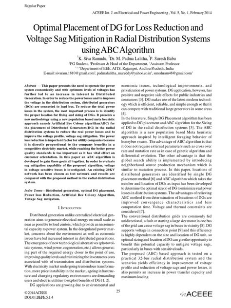 Optimal Placement Of Dg For Loss Reduction And Voltage Sag Mitigation In Radial Distribution