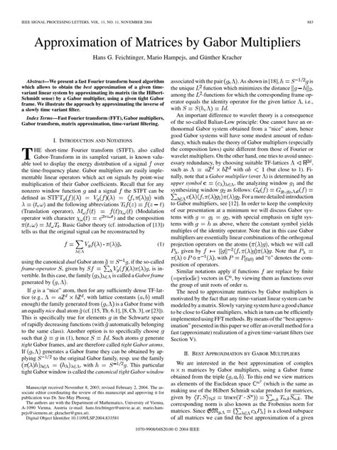 Pdf Approximation Of Matrices By Gabor Multipliers