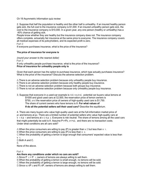 Ch 19 Asymmetric Information Quiz Review Download Free Pdf Insurance Adverse Selection