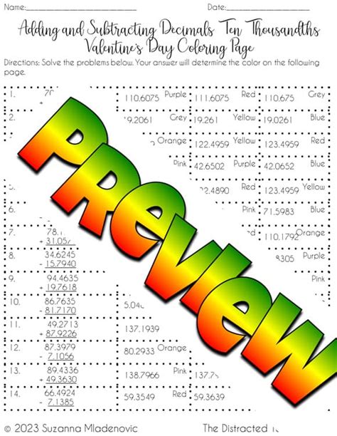 Adding And Subtracting Decimals Ten Thousandths Valentines Coloring Page