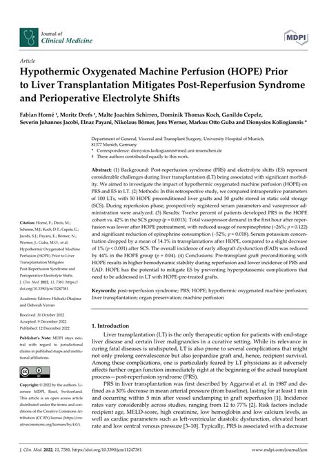 Pdf Hypothermic Oxygenated Machine Perfusion Hope Prior To Liver