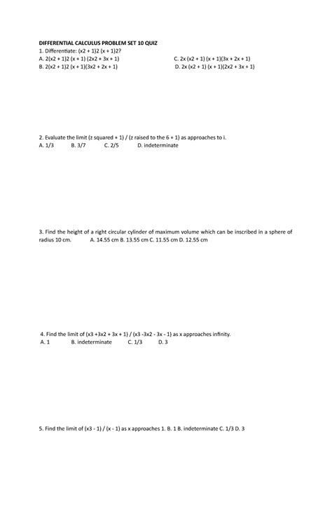 Differential Calculus Problem Set 10 Quiz Differential Calculus