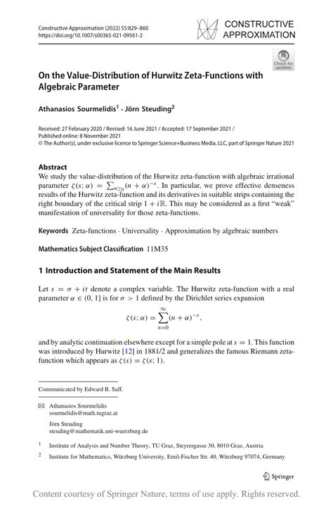 On The Value Distribution Of Hurwitz Zeta Functions With Algebraic Parameter Request Pdf