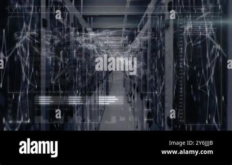 world map and data processing animation over server racks in data
