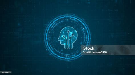 파란색 디지털 로봇 머리 로고와 추상적인 배경에 Ai 챗봇 및 기계 학습 기술 및 Ai 지원 개념이 있는 흐르는 화살표가 있는 원형 미래형 Hud 요소 5g에 대한 스톡