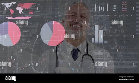 Image Of Data Processing And Scope Scanning With Cityscape Over