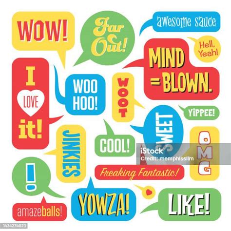흥분 기쁨 및 경이로움을 표현하는 단어의 재미 있고 활기찬 콜라주 대화 풍선 문자 기호에 대한 스톡 벡터 아트 및 기타 이미지 대화 풍선 문자 기호 응원함 재미