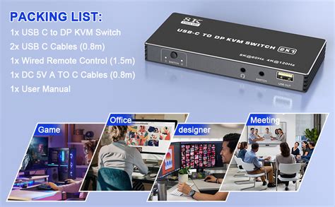 Usb C Kvm Switch 8k 60hz 4k 120hz 2 Port Typ C Für 2 Computer 1 Displayport Monitor Mit 3 Usb