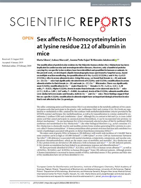 Sex Affects N Homocysteinylation At Lysine Residu Pdf Tandem Mass