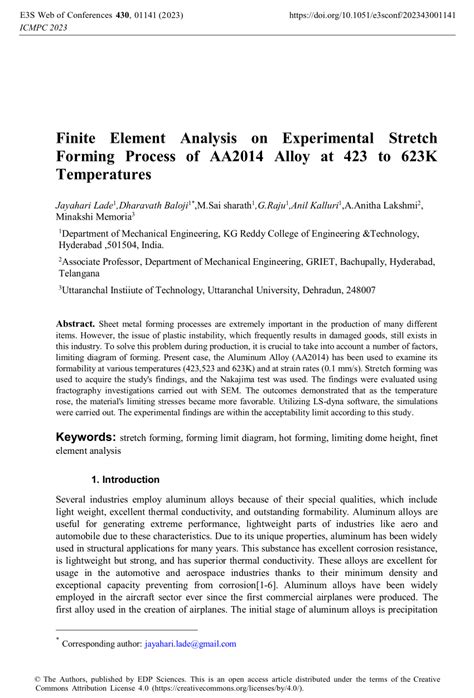 Pdf Finite Element Analysis On Experimental Stretch Forming Process Of Aa2014 Alloy At 423 To