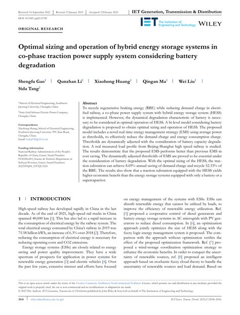 Pdf Optimal Sizing And Operation Of Hybrid Energy Storage Systems In Co‐phase Traction Power
