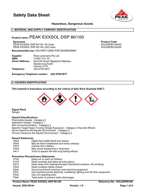 Peak Exxsol Dsp 80 100 Sds Pdf Dangerous Goods Toxicity