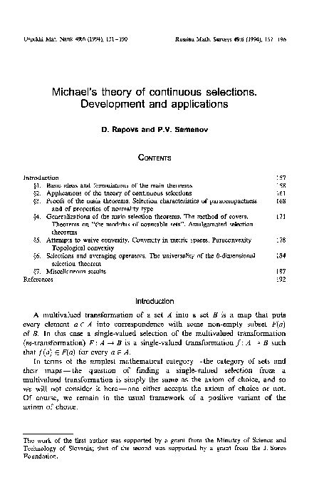 Pdf Michaels Theory Of Continuous Selections Development And Applications