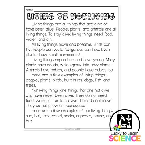 Lucky To Learn Science Living Vs Nonliving Things Reading Passage