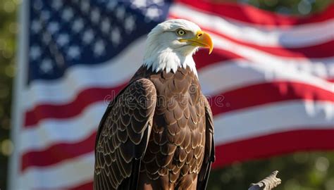Majestic Bald Eagle With American Flag Background Patriotic Symbolism