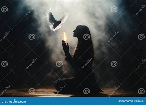 The Holy Spirit As A White Dove Descends Upon A Praying Woman