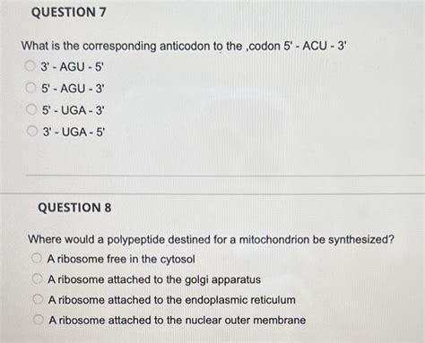 Solved QUESTION 7 What Is The Corresponding Anticodon To The Chegg Com