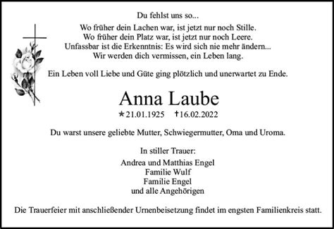Traueranzeigen Von Anna Laube Vrm Trauerde