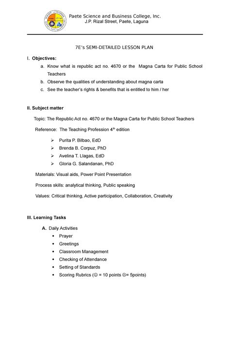 4670 Lesson Plan J Rizal Street Paete Laguna 7es Semi Detailed Lesson Plan I Objectives