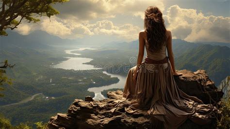 Girl Sitting On The Edge Of The Cliff And Looking At The Mountains
