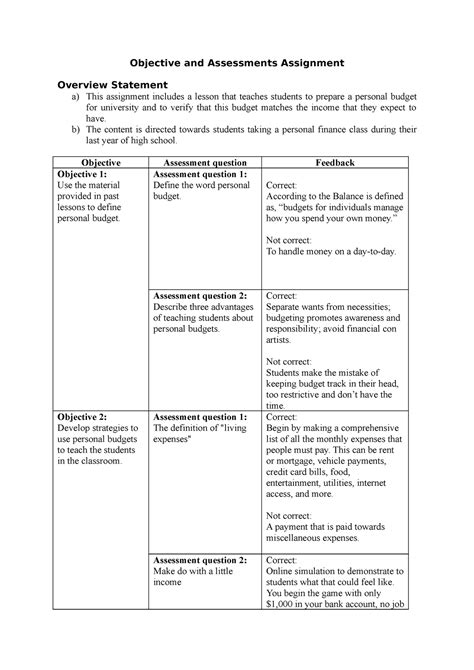 Objective And Assessments Assignment Objective And Assessments