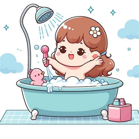 목욕을 하는 어린 소녀 프리미엄 벡터
