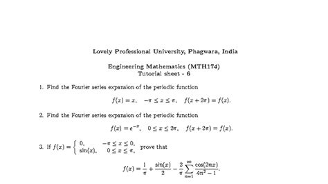 Tutorial Sheet Fourier Series Lovely Professional University Phagwara India Engineering