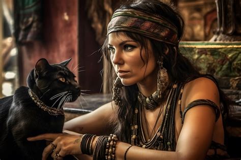 Premium Ai Image Beautiful Oriental Woman And Black Cat Neural Network Ai Generated