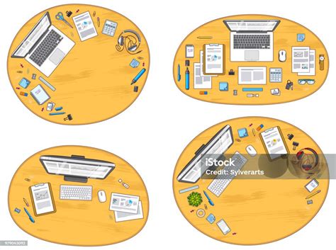작업 책상 작업 영역 상단 보기 Pc 또는 노트북과 다른 편지지 개체 및 문서 분석의 많은 함께 테이블에 위에 봐 모든 요소는