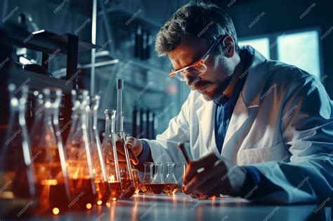 Premium Photo Scientist In A Lab Coat And Beakers With Liquid Working