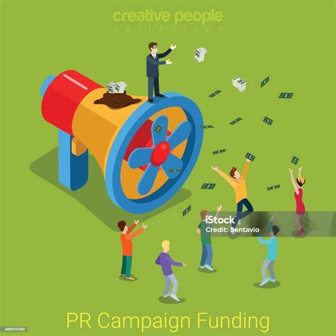 홍보 캠페인 자금 평면 3d 아이소메트리 아이소메트릭 제품 서비스 프로 모션 프로 모션 개념 웹 벡터 일러스트 사업가 스피커