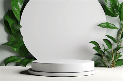 3d 화이트 포디움 또는 피데스탈 디스플레이 백색 원 모양의 배경에 서 있는 빈 제품 프리미엄 사진