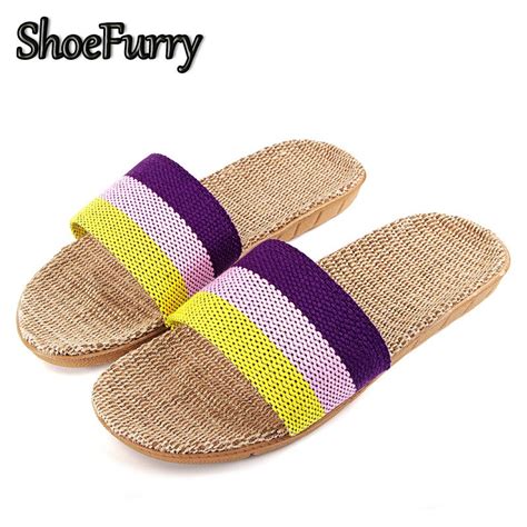 Shoefurry 자연 아마 홈 슬리퍼 여성 비치 슬라이드 샌들 혼합 색상 리넨 실내 신발 여름 여성 침실 슬리퍼럭셔리 패션