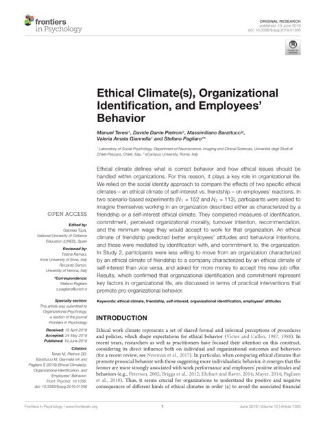 Pdf Ethical Climates Organizational Identification And Employees