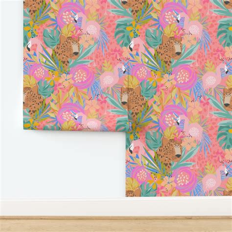 Jumbo Tropical Cheetah And Flamingo Floral Hot Pink Purple Blue 24