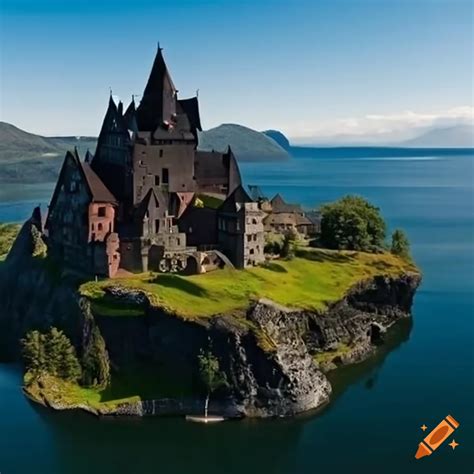 Gigantic Norwegian Castle On A Tall Mountain With A Fjord With