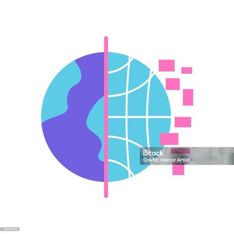 현실 세계 대 가상 현실 디지털 차원 포털 아이콘 벡터 플랫 일러스트레이션 Vr 요소 그래픽 디자인이 있는 하프 그리드 글로브 0명에 대한 스톡 벡터 아트 및 기타 이미지