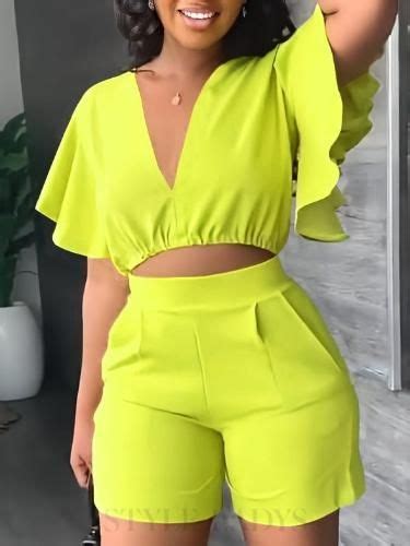 Multi Color Ruffled Short V Neck Top Casual Shorts Summer Two Piece Set