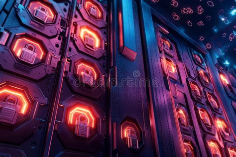 A High Tech Cybersecurity Vault With Massive Glowing Hexagonal Locks