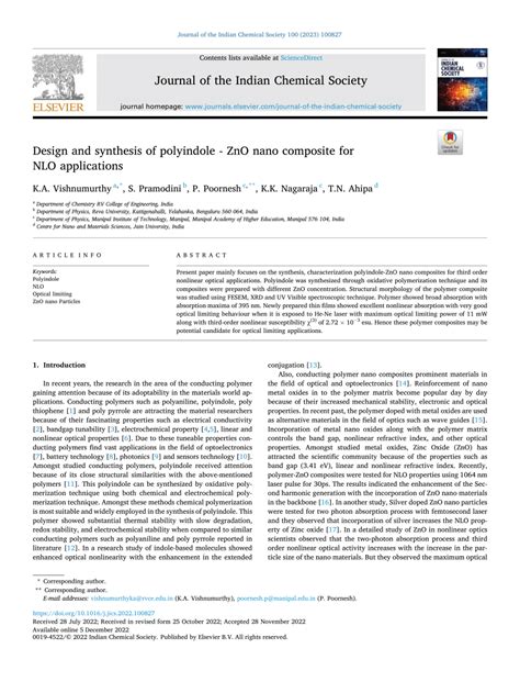 Pdf Design And Synthesis Of Polyindole Zno Nano Composite For Nlo