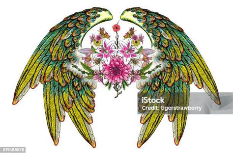 Blackwork 문신 요소 흰색 배경에 고립입니다 문신 플래시 아기 T 셔츠 스티커 스타일입니다 날개 고 피 릴리 장미 여성의 스타일에 그리기 천사 또는 새 꽃 날개
