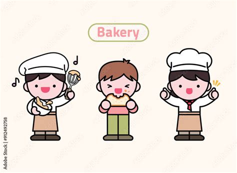 베이커리 캐릭터 컬러 일러스트 베이커리에서 일하는 세 명의 귀여운 캐릭터들 컬러 일러스트 Stock Vector