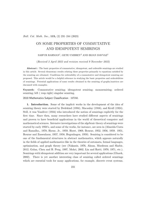 Pdf On Some Properties Of Commutative And Idempotent Semirings