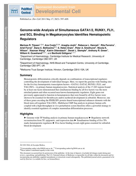 PDF Genome Wide Analysis Of Simultaneous GATA RUNX FLI And SCL Binding In