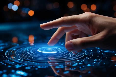 Premium Photo | Futuristic concept Finger engages glowing button on ...