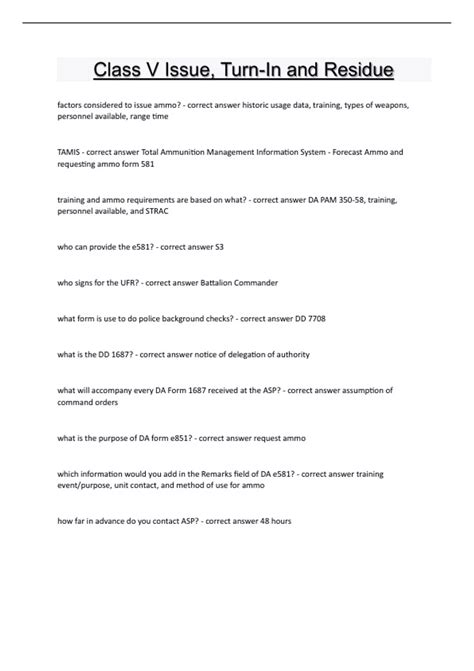 Class V Issue Turn In And Residue Questions And Answers Latest Update Ammo Stuvia US
