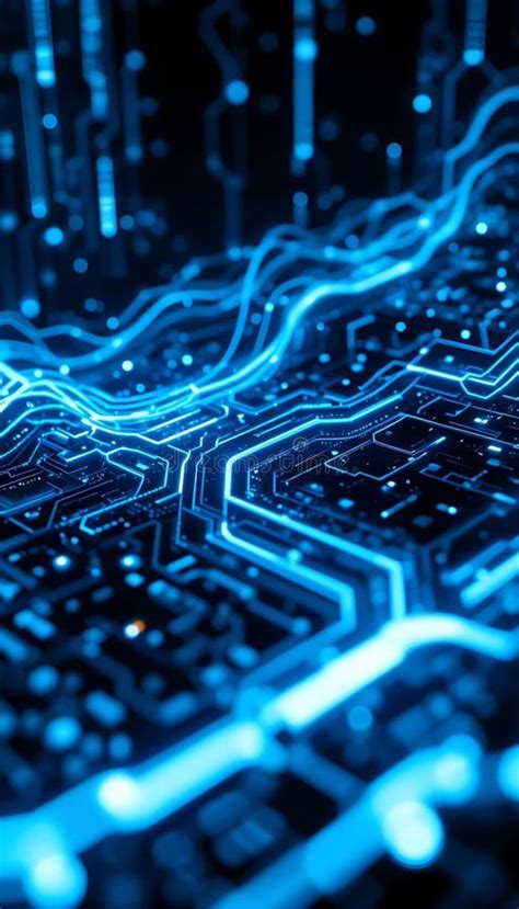 Glowing Blue Circuit Board Lines And Nodes Technology Background Stock